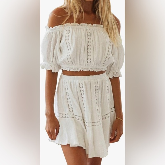 Skirts | Nwt Two Piece Ruffle Trim Cami Hollow Out Crop Top And Wrap ...